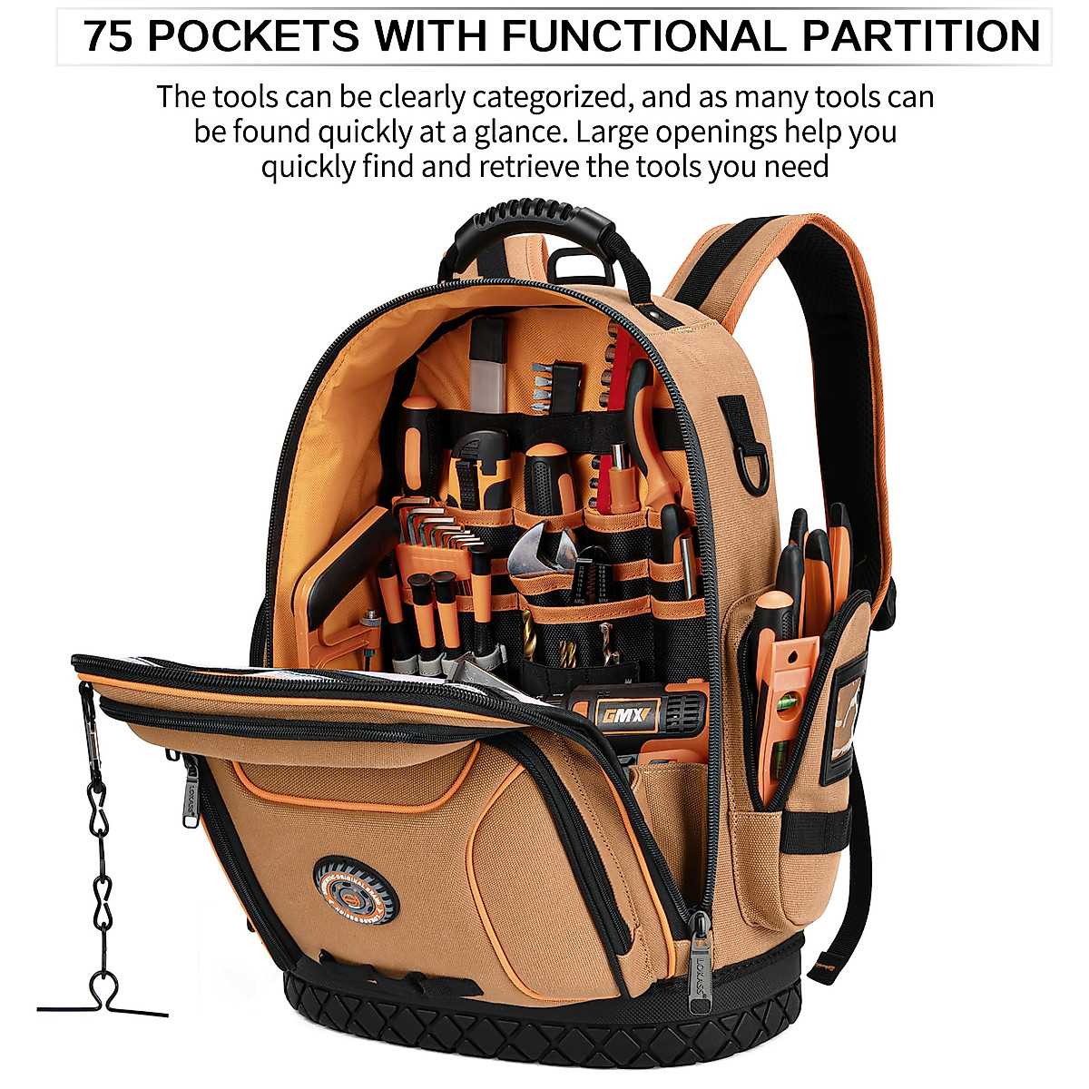 Tool Bag Backpack, 75 Pockets & Loops Canvas Heavy Duty Tools Organizer Bags/HVAC Tool Carrier for Electrician/Construction Work with Molded Base and Combination Lock - Brown