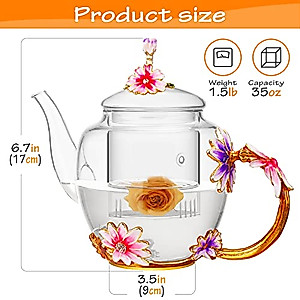 Luka Tech 35OZ Enamel Glass Flower Teapot With Removable Loose Tea Leaf Infuser Tea Maker,Gifts For Women,Mom,Mothers Day,Christmas,Birthday,Valentines Day