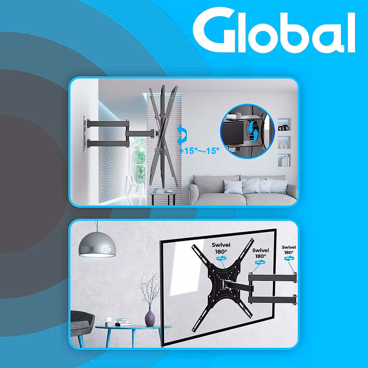 Global Electronics Tv Stand, Rotating Tv Mount, Articulating TV Mount with Long Arm, Tv Stands for Living Room Easy Installation fits 14 to 55 Inch Flat and Curved TVs VESA Mount 400x400mm