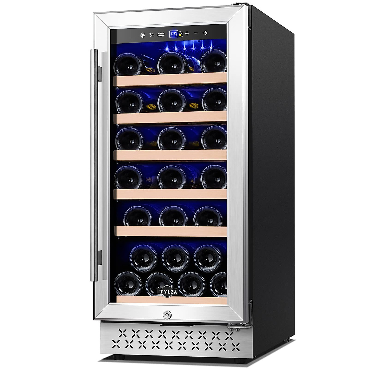 Tylza 15 Inch Wine Cooler Under Counter, 30 Bottle Capacity, Stainless Steel Tempered Glass Door, Constant Temperature Technology, Removable Shelves, Smart Control, 3.6 Cubic Feet