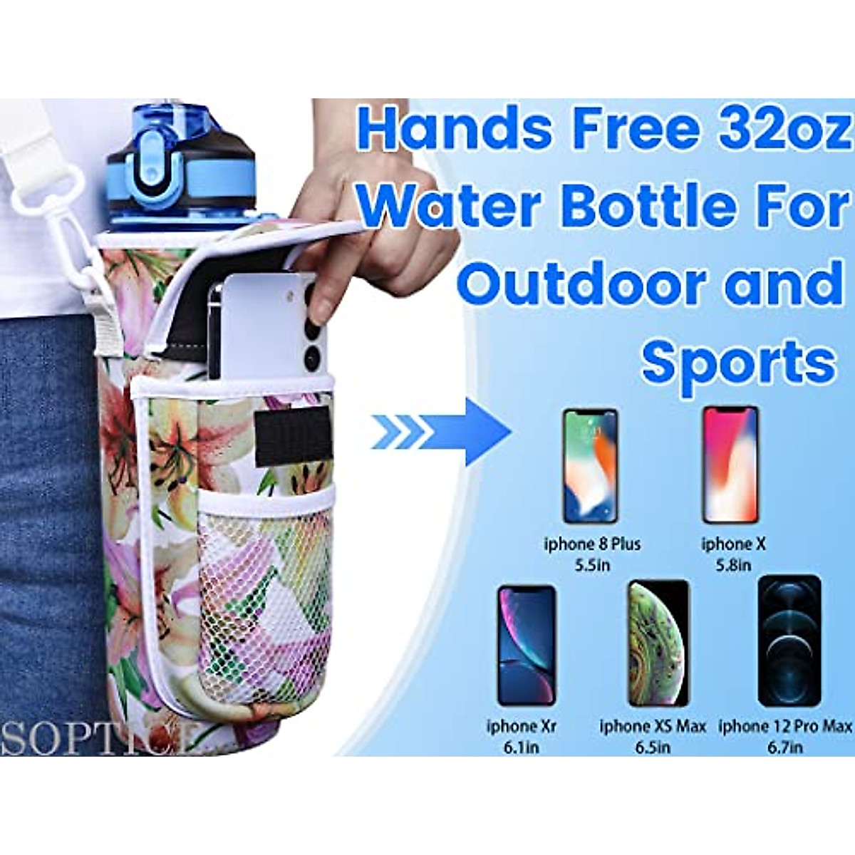 SOPTICE 32oz Water Bottles with Sleeve and Straw Lid Hands Free for Outdoor Sports Insulated Neoprene Holder with Adjustable Strap BPA Free Reusable Drink Jug with Carrier Bag for Phone Tiger Lily