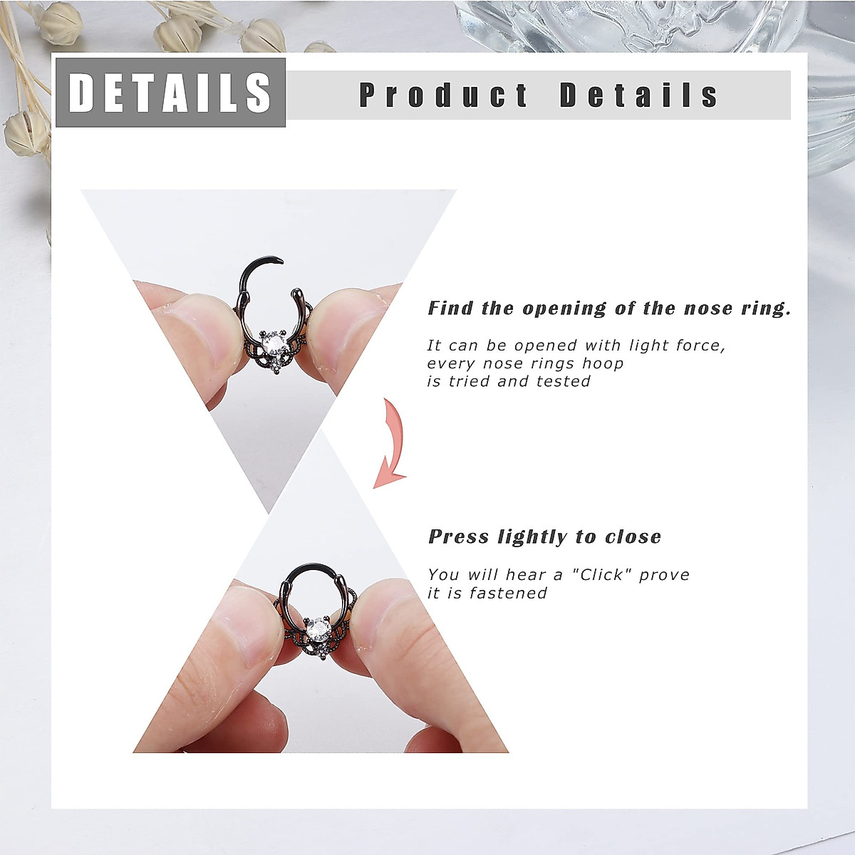 Ubjuliwa 12pcs Septum Jewelry 16g Daith Earrings Hinged Hoop Nose Rings Septum Clicker Cz Stainless Steel Cartilage Earring Helix Tragus Daith Piercing Jewelry 8mm Black