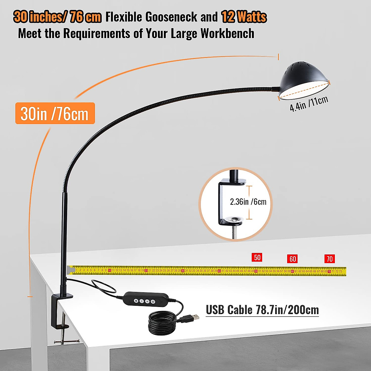CeSunlight Clamp Lamp, Clip on Lamp, Desk Lamp with Clamp, 12W, 1300 LMS, 3 Color Modes, 10 Brightness Levels, 30 Inches Long Gooseneck Light, Perfect for Sewing, Reading, Home, Office