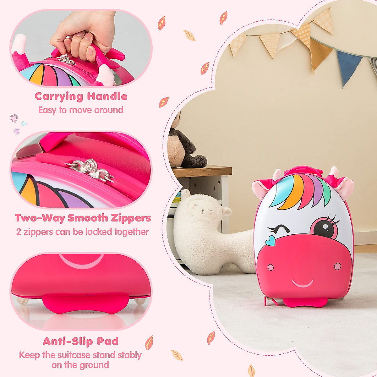 Goplus Kids Luggage, 16’’ Carry on Suitcase with LED Wheels, Waterproof Hard Shell, Lightweight Rolling Luggage for Travel, Birthday Christmas Gifts for Toddlers, Children, Boys, Girls (Pink)