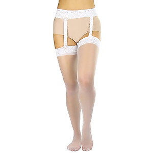 ToBeInStyle Women's All-in-1 Lace Garter Belt Sheer Backseam Stockings - White - OS