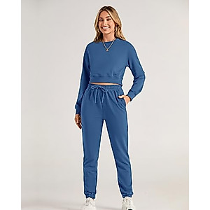 BTFBM Women 2 Piece Outfits 2023 Long Sleeve Crop Tops Tracksuit Drawstring Pant Jogger Set Casual Sweatsuits Pullover(Solid Lake Blue, Medium)
