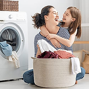 Maliton Extra Large Blanket Basket, Woven Cotton Rope Basket for Toys Towels, Pillow Basket with Handles, Nursery Laundry Basket with Storage Pockets, 20" x 13" Large Rope Baskets for Storage - White