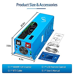 SUNGOLDPOWER 4000W 12V Pure Sine Wave Power Inverter DC 12V Input to AC 120V Output Converter, Low Frequency Inverter Charger for Home, RV, Truck, Off-Grid Solar Wind Power Inverters, Blue