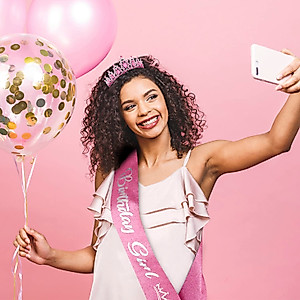 SuPoo Pink Birthday Crowns Birthday Sash and Crown Kit Birthday Tiara Rhinestones Metal Crown with Comb Glitter Birthday Girls Sash Crystal Headband Princess Tiaras for Girl Happy Birthday Decorations