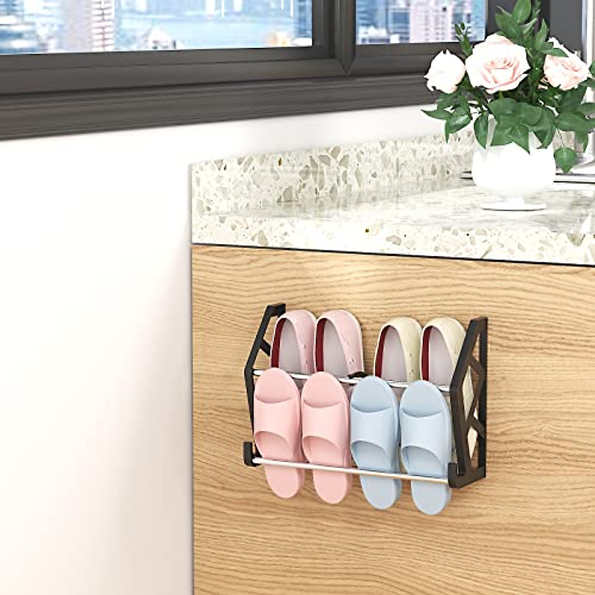 Hooshion Shoe Rack for Door, 4-Pack Wall Shoe Rack, Door Shoe Rack with Adhesive Hanging Strips and Storage Hooks, Shoe Wall Rack Without Drilling