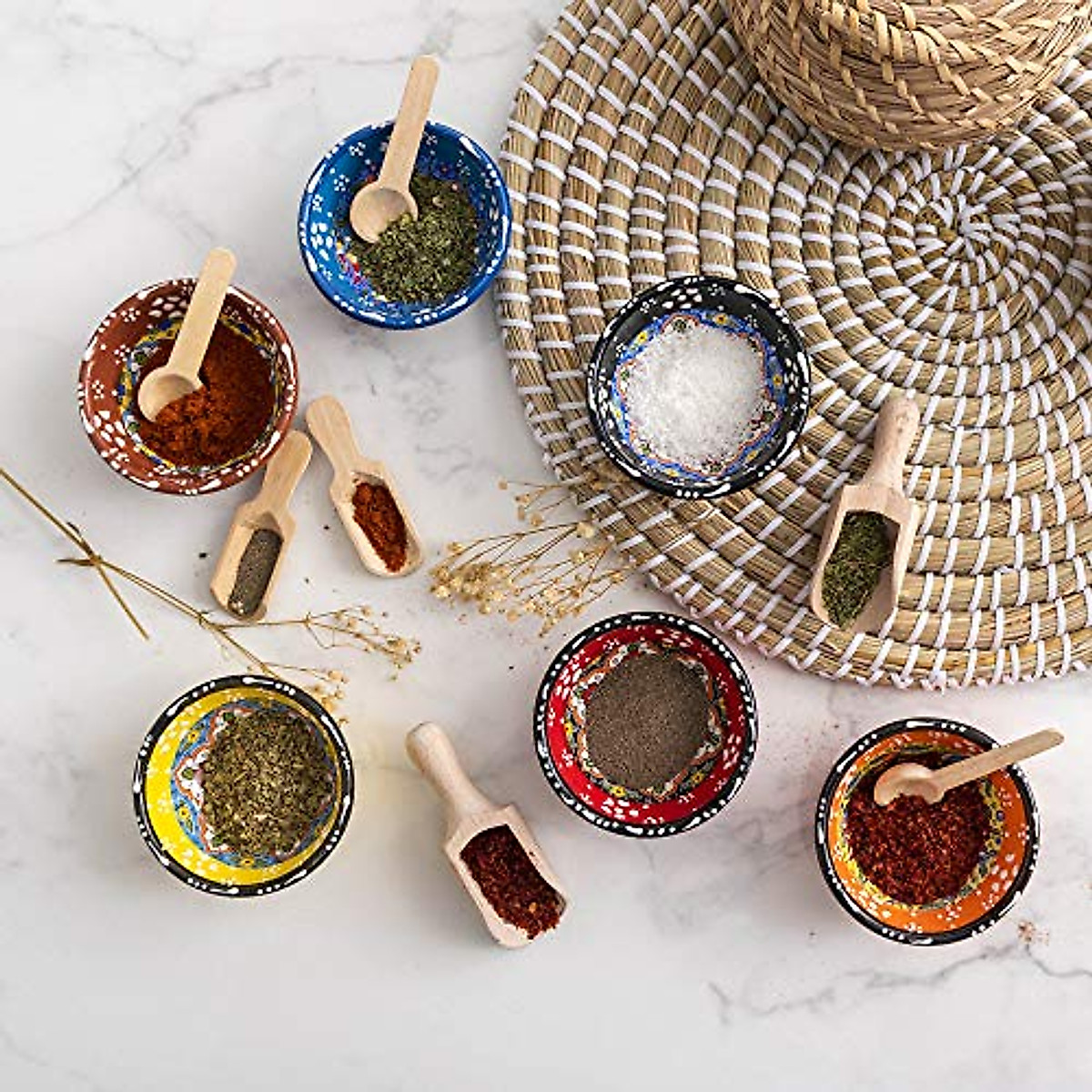 Ayennur Decorative Turkish Ceramic Bowl Set of 6 Serving-Handcrafted(3.14''- 8cm) 2.5oz Pinch Sauce Multicolor Dipping Finger Small Serving Charcuterie Bowls