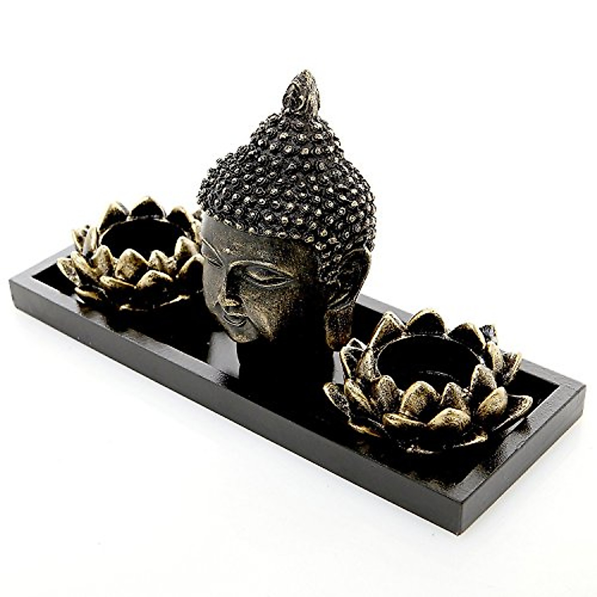 MyGift Black Buddha Head Sculpture Zen Garden Set w/Lotus Tealight Candle Holders & Wooden Display Tray