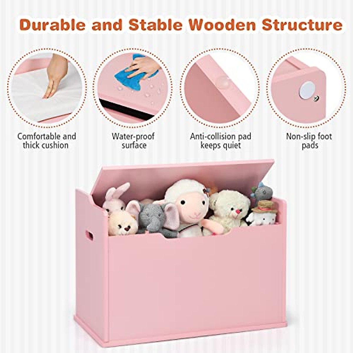 Costzon Kids Wooden Toy Chest, Wide Toy Box Storage Chest with Bench Seat, Toy Storage Trunk Case with Finger-Pinch Prevention, Lift-Top Foot Rest Seat for Toddler Bedroom Playroom Entry (Pink)