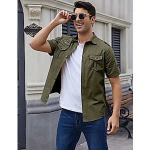 Gihuo Men Shirt Short Sleeve Military Button Down Army Tactical Shirt Utility Cargo Work Uniform Shirt Tops (Medium, Army Green)