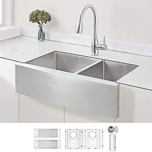 ZUHNE Stainless Steel Double Basin Farmhouse Sink 60/40 (33-Inch Curved Apron Front)