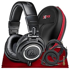 Audio-Technica ATH-M50X Professional Studio Monitor Headphones, Black, Professional-Grade, w/Detachable Cable W/Bundle Xpix Hard Shell Headphone Case, Great for For DJs, Studio Recording,& Listening