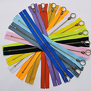 Metal Zippers 12pcs #3 Antique Brass Close-end Non-Separating Zippers Assorted Color for Purses Cosmetic Bags Pockets Handbags DIY Sewing 25cm/10inch