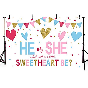 MEHOFOND Sweetheart Gender Reveal Baby Shower Photo Background He or She Valentine's Day Blue or Pink Gold Love Hearts Party Decoration Backdrops Banner for Photography 7x5ft