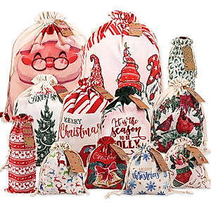 POPGIFTU Christmas Canvas Gift Bags with Drawstring, 12 PCs Christmas Santa Sack, Reusable Cotton Xmas Sack Cloth Bag for Xmas Package Storage, Christmas Party Supplies Favors