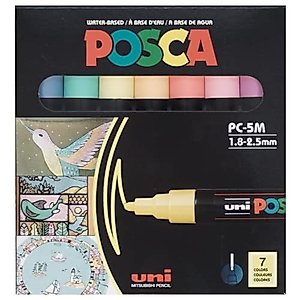 Posca Pastel Set of 7 Acrylic Paint Pens with Reversible Medium Point Tips, Posca Pens are Acrylic Paint Markers for Rock Painting, Fabric, Glass Paint, Metal Paint, and Graffiti