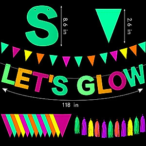 Outus Neon Party Supplies Includes Let's Glow Banner 20 Pieces Neon Paper Tassels and Neon Triangle Flag Glow in The Dark Party Supplies Bunting Party Hanging Decorations for Birthday Christmas Party