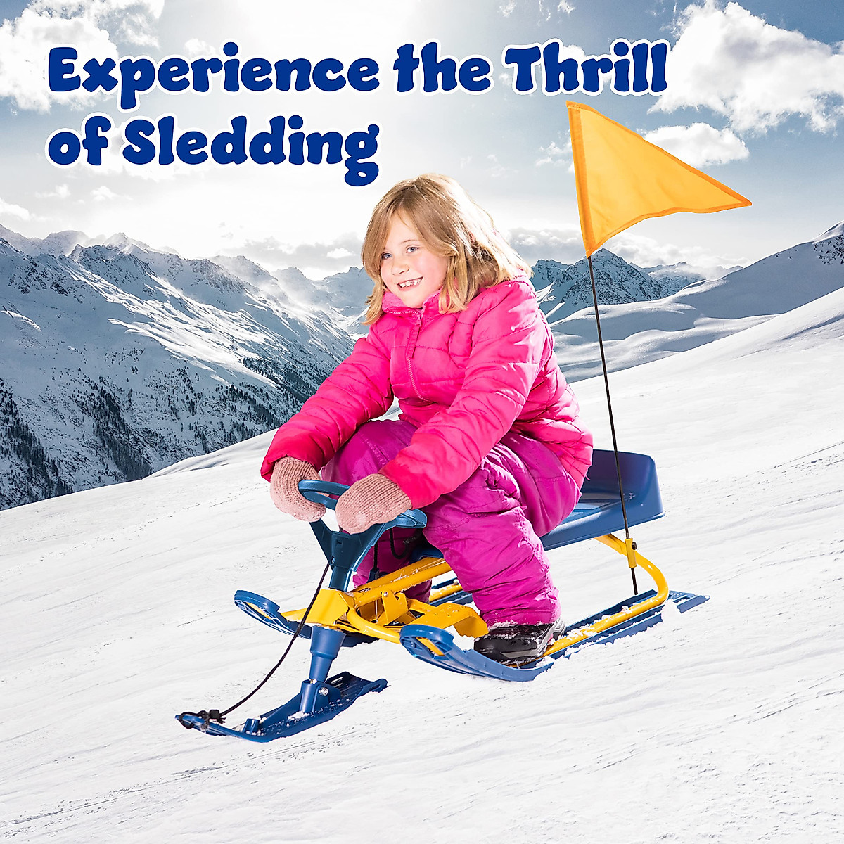 Machrus Frost Rush Snow Sled with Steering Wheel, Twin Brakes & Pull Rope - Winter Racer Snow Sled for Kids and Adults for Sledding