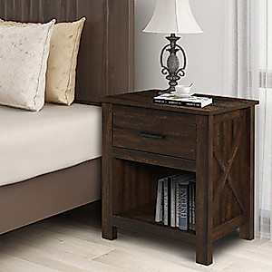 Vikiullf Farmhouse Nightstand-Wooden,Night Stand for bedroom,Bedside Table with 1 Drawer for Bedroom, Open Cabinet & Sliding Drawer, Espresso 1-Drawer (2 Pieces)