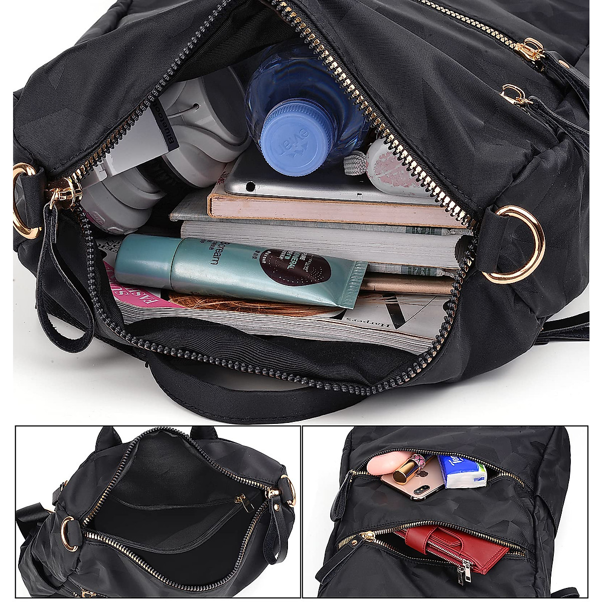 UTO Camo Waterproof Backpack for Women Durable Nylon Multipurpose Roomy Multi pockets Travel Business Shoulder Bag Black