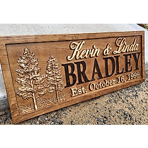 Rustic Wedding Signs Wood Wall Art Personalized Couples Gift Ideas Family Last Name Custom Name Sign Lakehouse Hunting Lodge Home Decor Tree Carved Wooden Cabin 5 Year Anniversary Gift