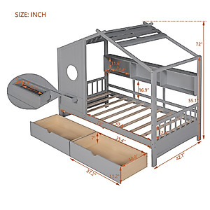 Twin Size House Bed with Storage Drawers and Shelves, Wood Montessori House Bed Frame, Kids Playhouse Tent Bed for Girls Boys, Gray
