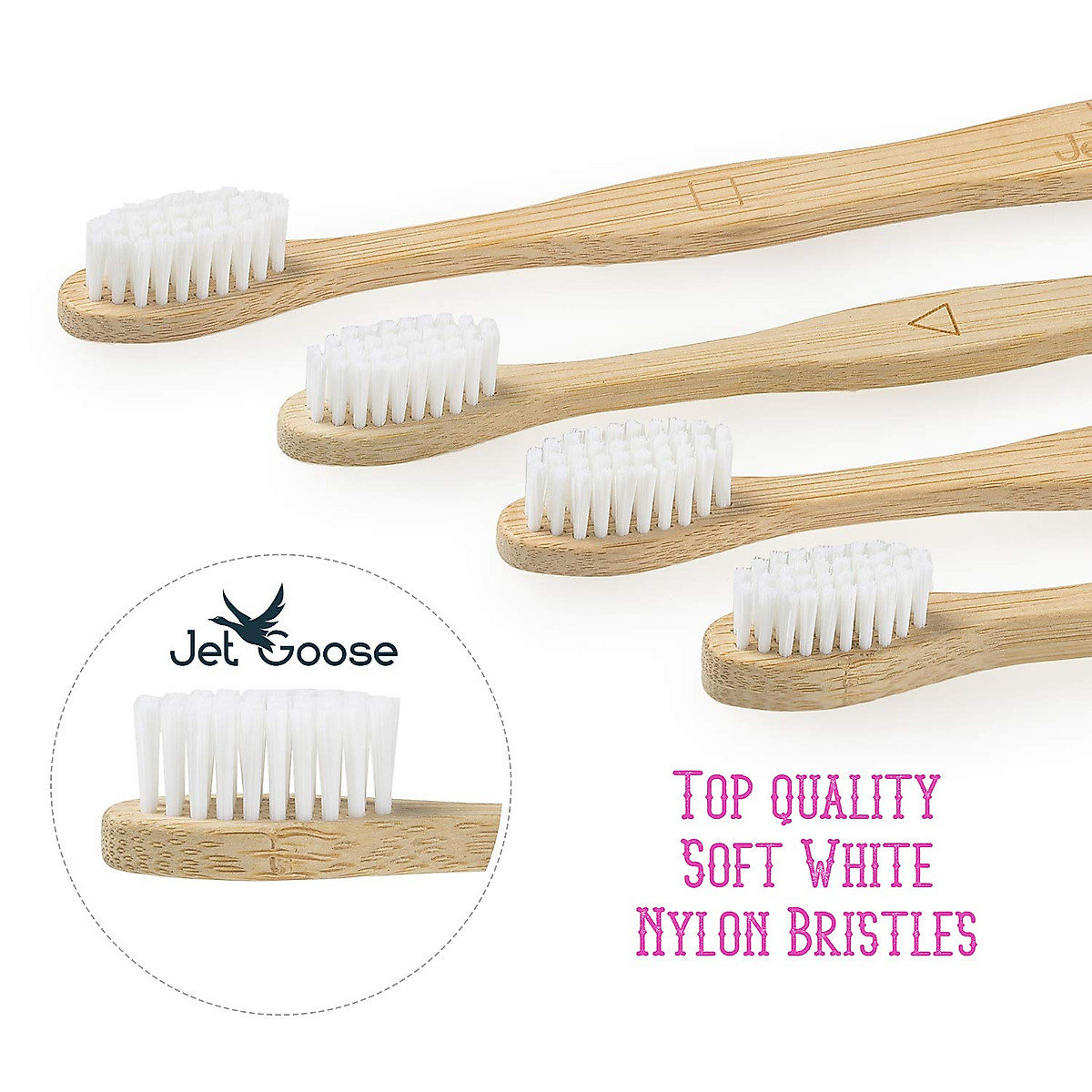 Jet Goose Bamboo Toothbrush Set | 4 Natural Eco- Friendly Biodegradable Bamboo Toothbrushes | BPA Free | Soft White Nylon Bristles