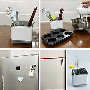 YEUPYL Kitchen Sink Countertop Cutlery Holder,Flatware Storage Organizer With 3 Compartments for Kitchen Spoon, Fork, Kitchen Sink Organiser and a Magnet Storage Organizer (GrayWhite) Grey