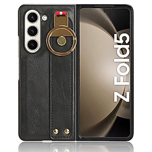 lefeda Leather Case for Samsung Galaxy Z Fold 5, Slim Case with Ring and Neck Lanyard Soft Anti-Scratch Microfiber Lining,Green