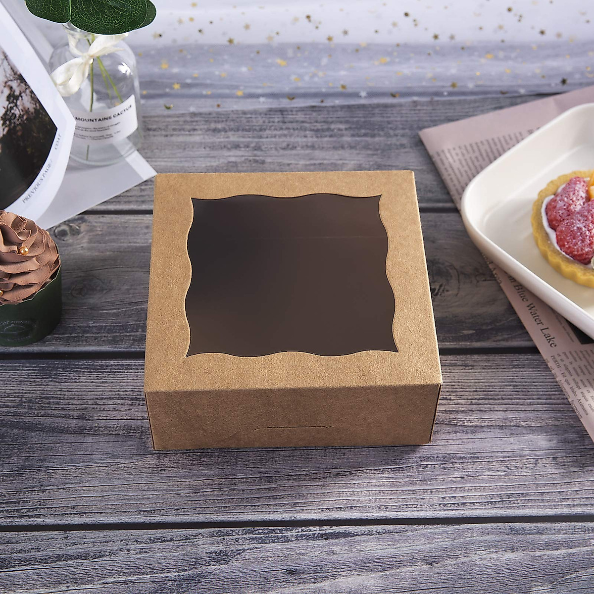 ONE MORE [15pcs] 7"x7"x2.5"Brown Bakery Boxes with PVC Window for Pie and Cookies Boxes Small Natural Kraft Paper Box 7x7x2.5inch,Pack of 15 (Brown, 15)