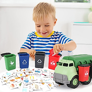 Liberty Imports Big Plastic Garbage Truck Toy, Waste Management Recycling Green Dump Vehicle with 4 Trash Cans and Recycle Sorting Cards for Little Kids, Toddlers