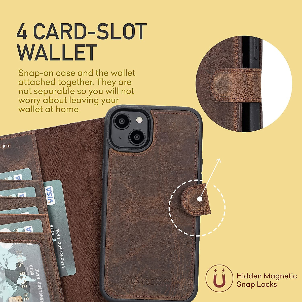Bayelon Case for iPhone 14, Full Grain Leather Wallet Case, [2in1], Detachable Magnetic Flip Cover with Card Slots, Kickstand, MagSafe Compatible (Dark Brown)