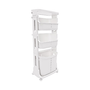 HOLMZCED 4 Tiers Standing Laundry Baskets with Wheels, Rolling Laundry Cart with Removable Laundry Basket Mobile Laundry Hampers Plastic Laundry Storage Cart White for Bedroom Laundry Room Bathroom