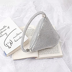 Framendino, Triangle Bling Purse Rhinestone Evening Bag Sequins Clutch Purses Fashion Handbag Luxury Zipper Pouch for Women Girls Wedding Party Prom Night Silver