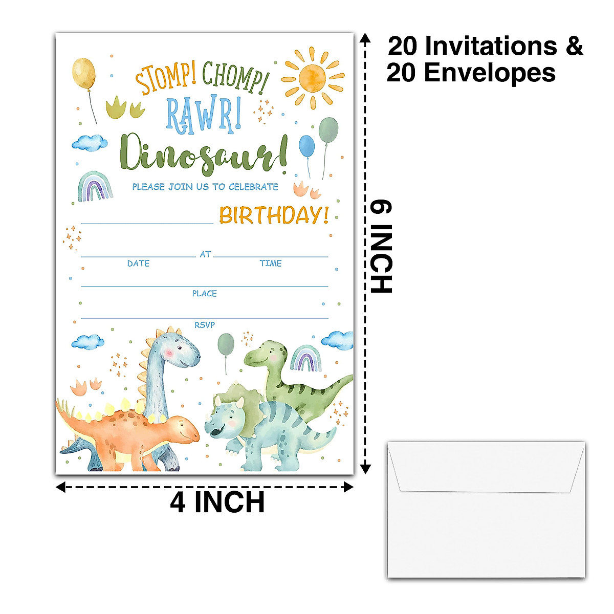 YSTEP Dinosaur Birthday Party Invitations, 20 Invite Cards with Envelopes, 4" x 6" Dino Birthday Invites - C19
