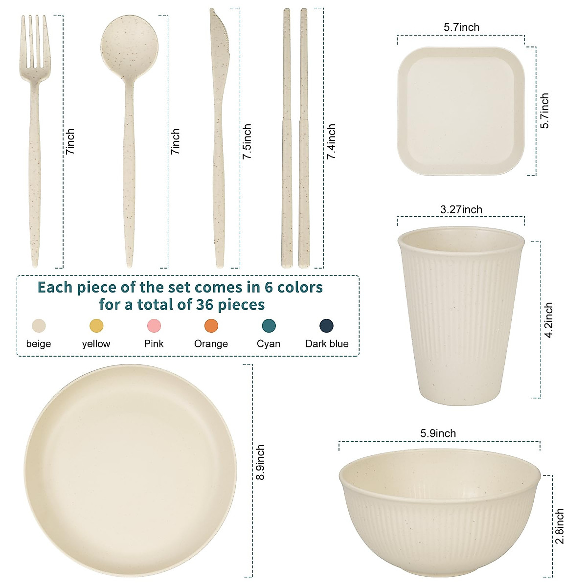 Straw Dinnerware Set - 54 Pcs Unbreakable Dish Set, Reusable Straw Plates and Bowls Sets Outdoor Camping Dishes Service for 6, Microwave and Dishwasher Safe (Multicolor)