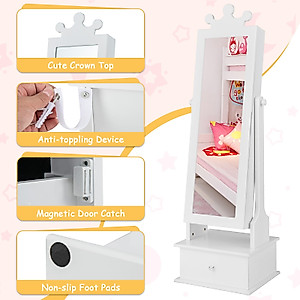 HONEY JOY Kids Jewelry Armoire Cabinet, 2-Angle Tilting Wooden Standing Jewelry Organizer with Full-length Mirror and Storage Drawers, Children Dress Up Jewelry Cabinet for Little Girls (White)