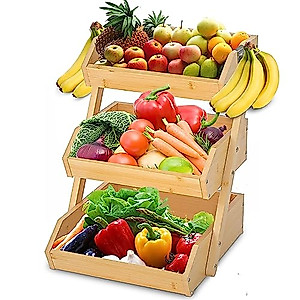 GET SORTED Bamboo Fruit Basket 3 Tier — 33+ Lbs Capacity, 12mm Thickness, Raised Bottom & 2 Hooks — Ideal for Bread, Toiletries, Snacks, Seasonings - Fruit Bowl for Kitchen Counter, Dining Table, etc