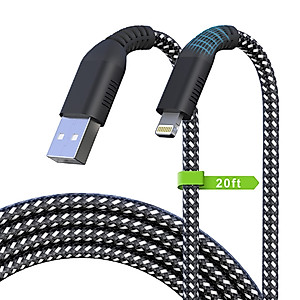 Long iPhone Charger Cord,20FT/6M Lightning Cable [Apple MFi Certified] Nylon Braided 2.4A Fast Charging Syncing Cable, USB A Charging Cable for iPhone14 13 12 11 Pro Max Mini XR XS X 8 7 6 Plus SE Pad