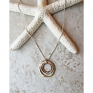 Of Earth and Ocean HANDMADE Sunrise Pendant Necklace, Triple Circles in Tri-Tone Copper, Brass, and Silver