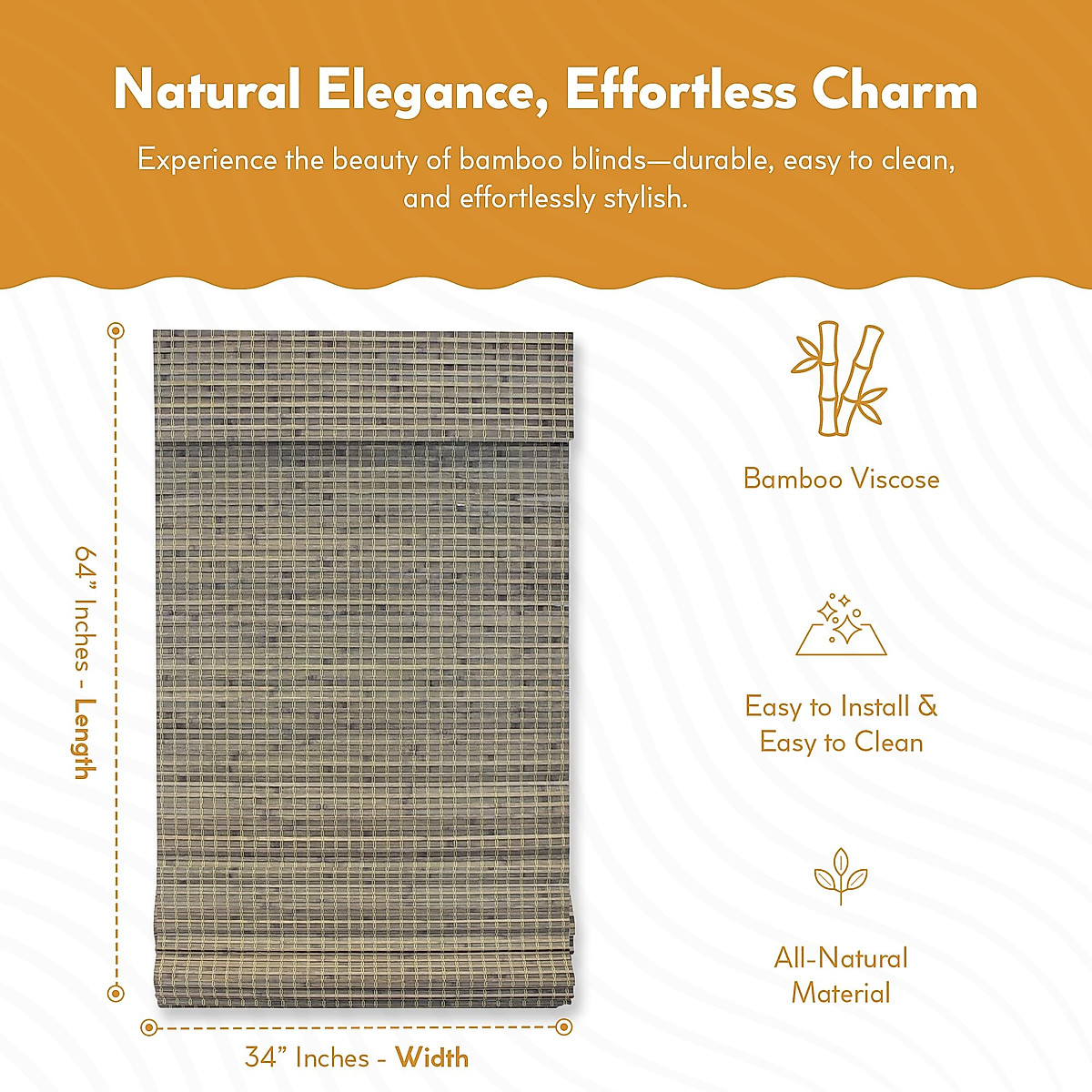 Radiance Cordless Bamboo Roman Shades for Windows - Flatstick Bamboo Blinds for Reduce Bright Light - Bamboo Roman Shades for Home & Offices - Driftwood - 34" W x 64" L - (2208858E)