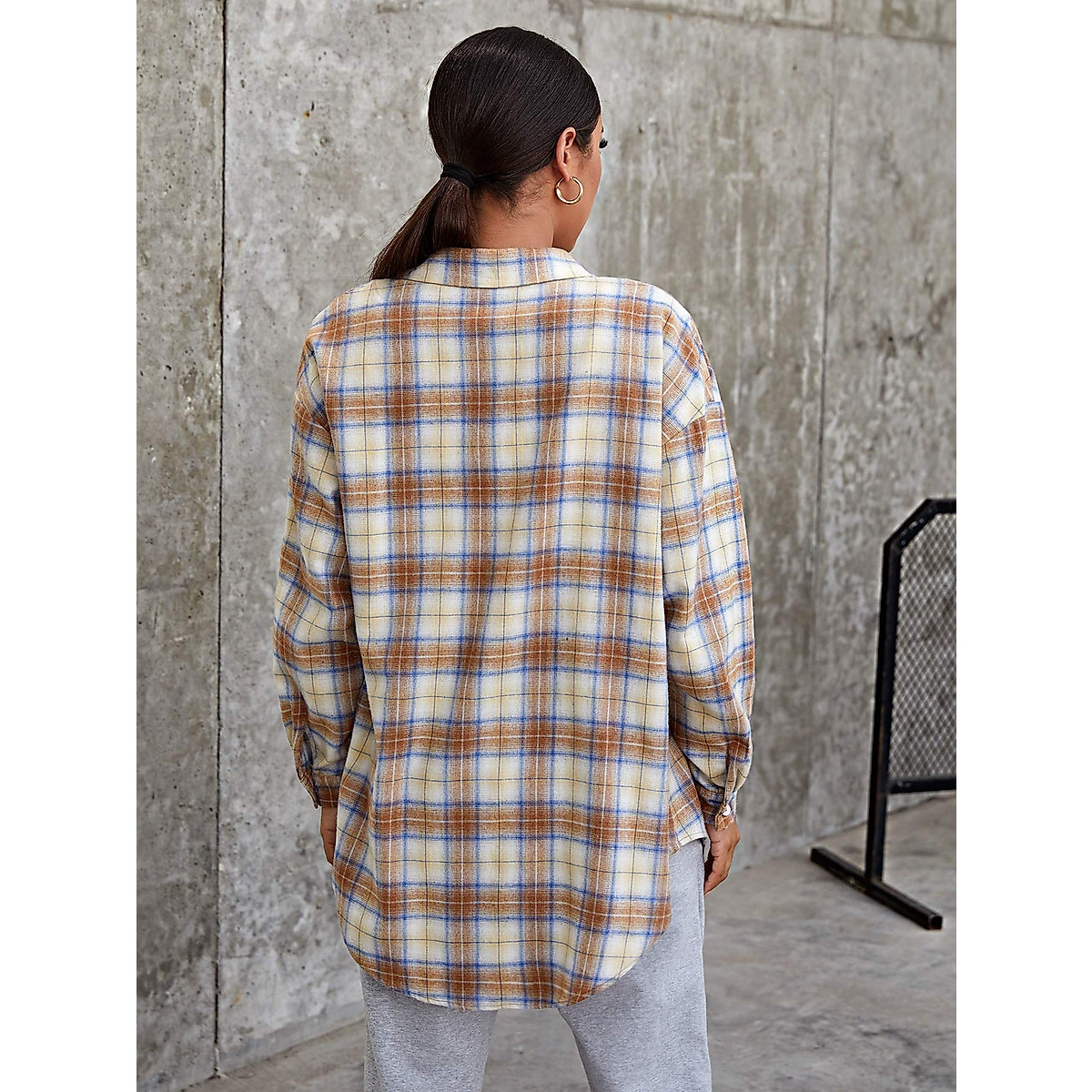 MakeMeChic Women's Plaid Shirts Oversized Flannels Shacket Jacket Multi Camel Large