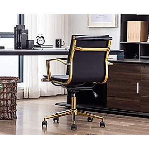 Shunzhi Leather Desk Chair with Armrest PU Leather Office Midback Adjustable Home Computer Executive Swivel Conference Task Managers Chair with Chrome Base, Black and Gold