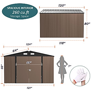 Outdoor Storage Shed, Amopatio Heavy Duty Galvanized Metal Garden Shed Backyard Storage Shed Outside Tool Storage Shed House (10' x 10', Brown)