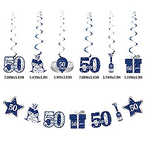 Kauayurk Blue Silver 50th Birthday Banner Decorations Kit for Men, 26pcs Fifty Birthday Banner Balloon Hanging Swirl Poms Party Supplies, 50 Years Old Birthday Sign Decor