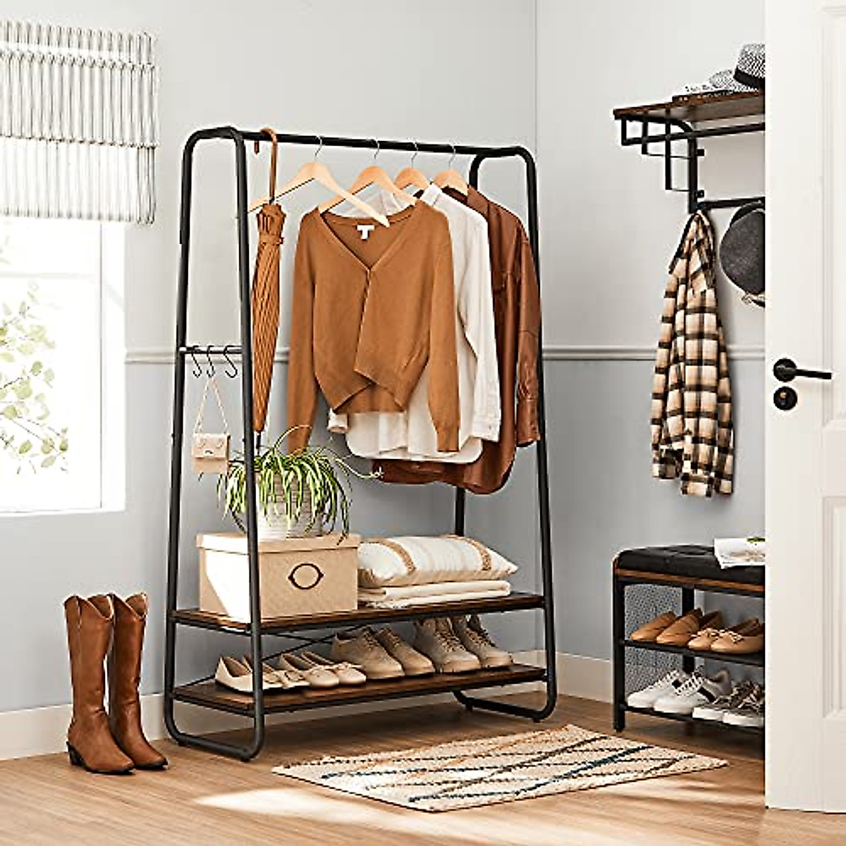 VASAGLE Clothes Rack, Clothing Rack for Hanging Clothes, Garment Rack with 2 Shelves, 6 S-Shaped Hooks, Steel Frame, for Bedroom, Rustic Brown and Black URGR112B01